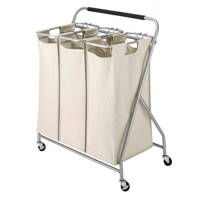 Whitmor Easy-Lift Triple Bag Metal Rolling Laundry Sorters, Beige ...
