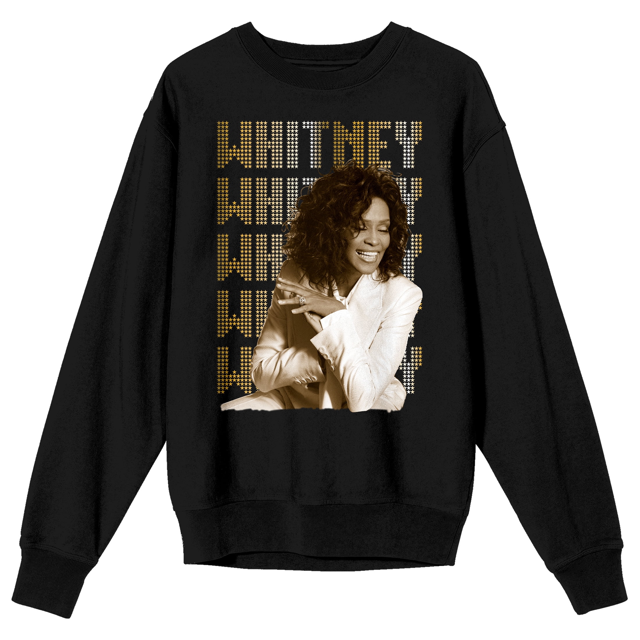 Whitney Houston Repeat Gold Text Crew Neck Long Sleeve Black Unisex ...