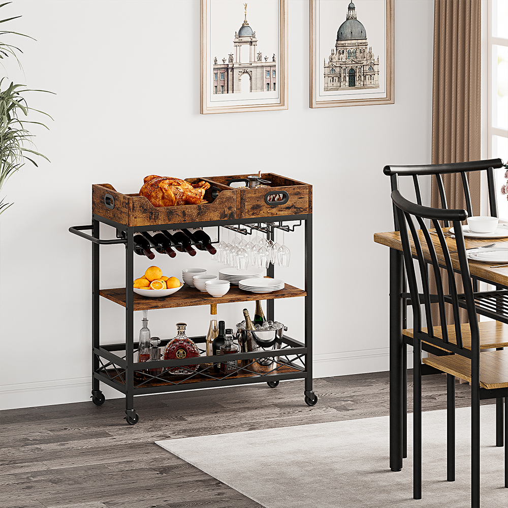 3-Tiered Metal Frame, Industrial Dining Cart with Swivel Wheels, Black ...