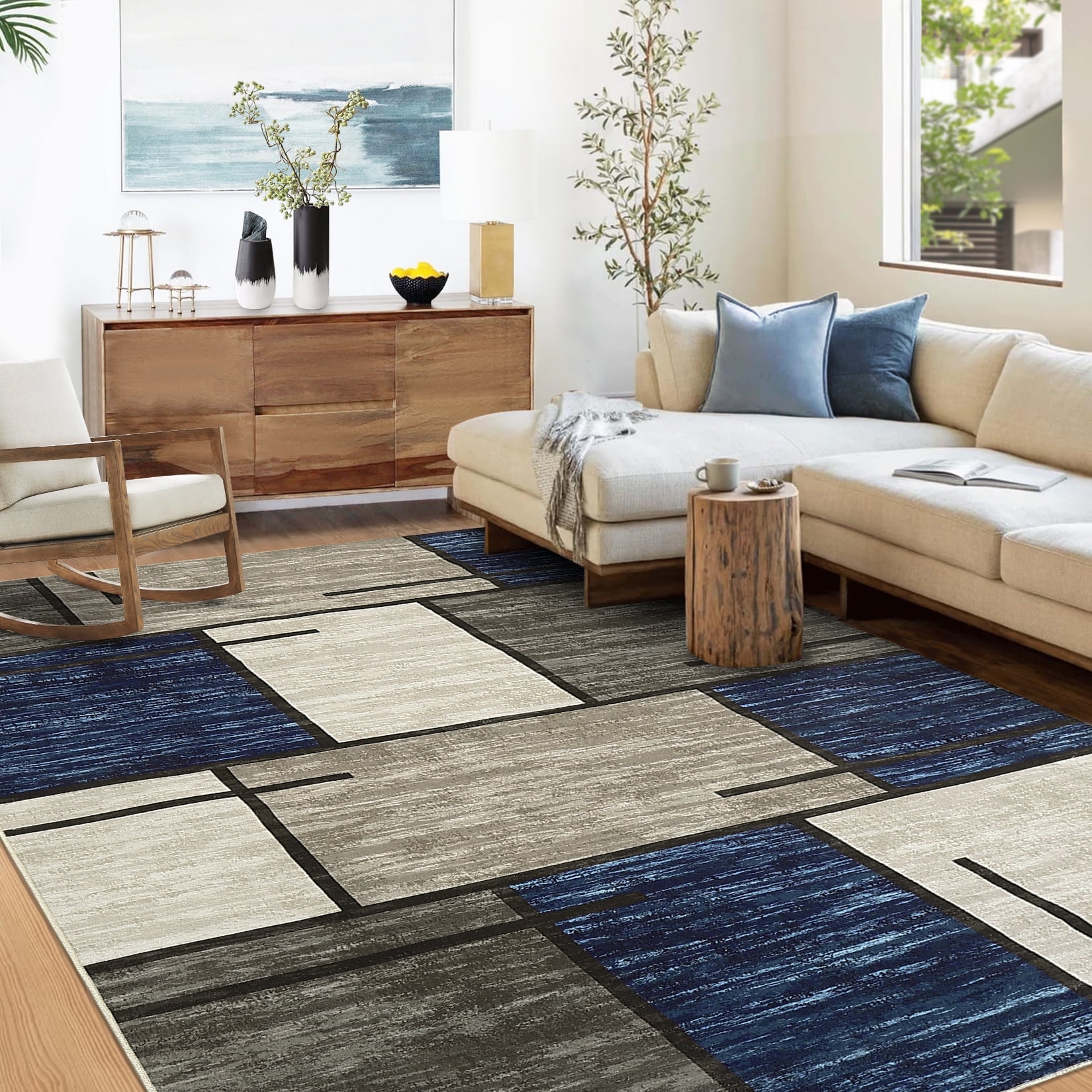 Garvee 5' x 7' Washable Area Rugs Low Pile Modern Boxes Rug Non-Slip ...