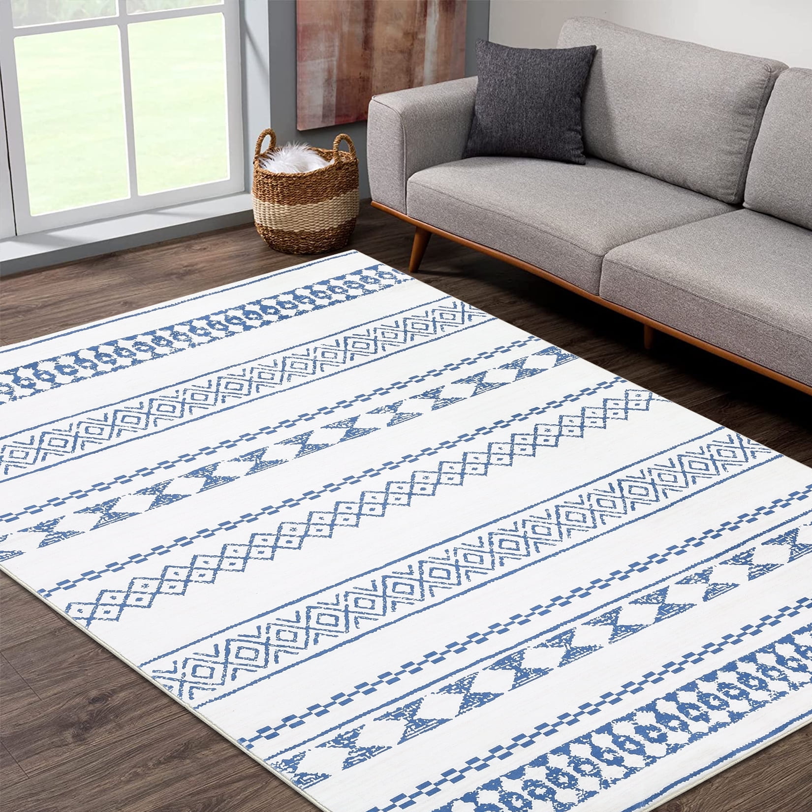 Garvee 8' x 10' Moroccan Area Rug Blue Geometric Rug Indoor Washable ...
