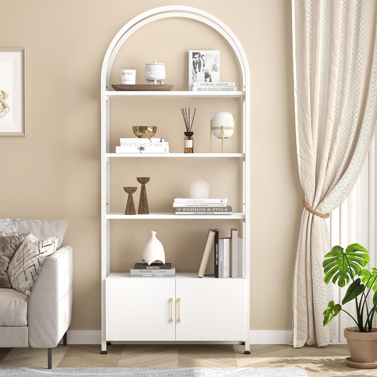WhizMax Arched Bookshelf, 4-Tier Bookcase with Bottom Cabinet, Wide ...