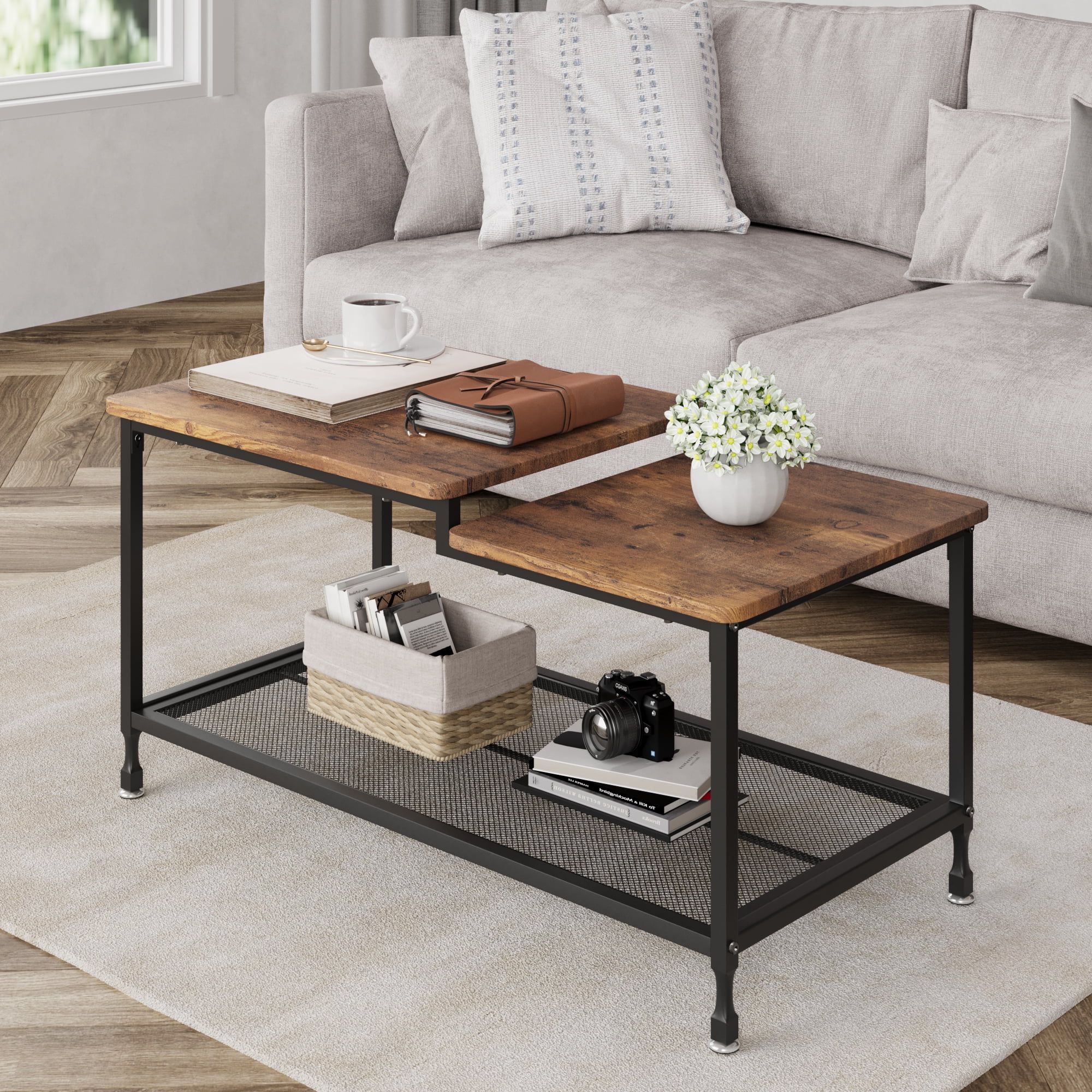 WhizMax Coffee Table Industrial Living Room Table 2-Tier Rustic Center ...