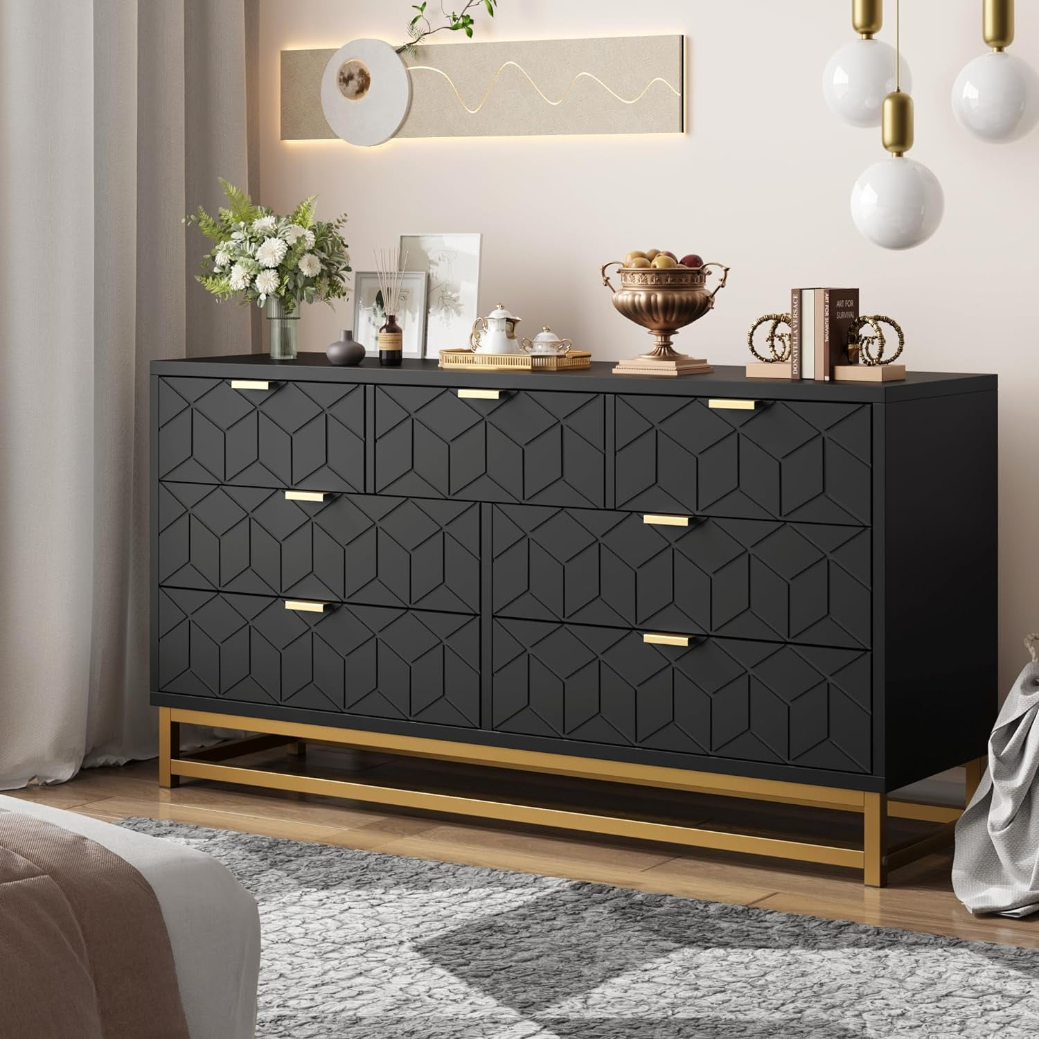 GARVEE Large 7 Drawer Dresser Organizer, Black with Golden Handles and ...