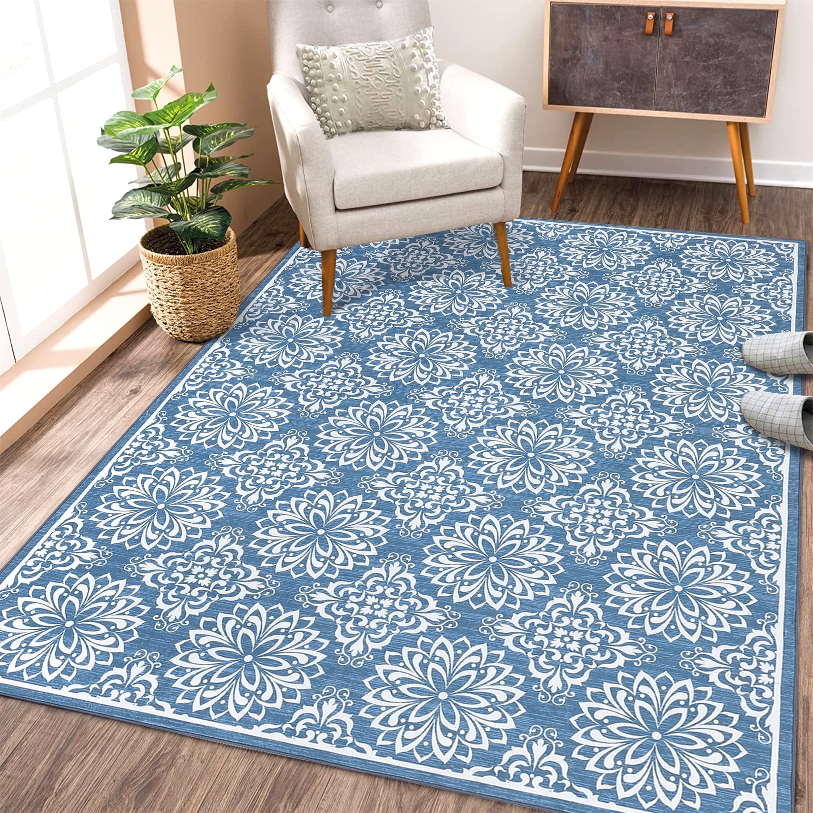 Garvee Floral Rugs for Living Room 9'x12' Large Washable Rug Blue Rug ...