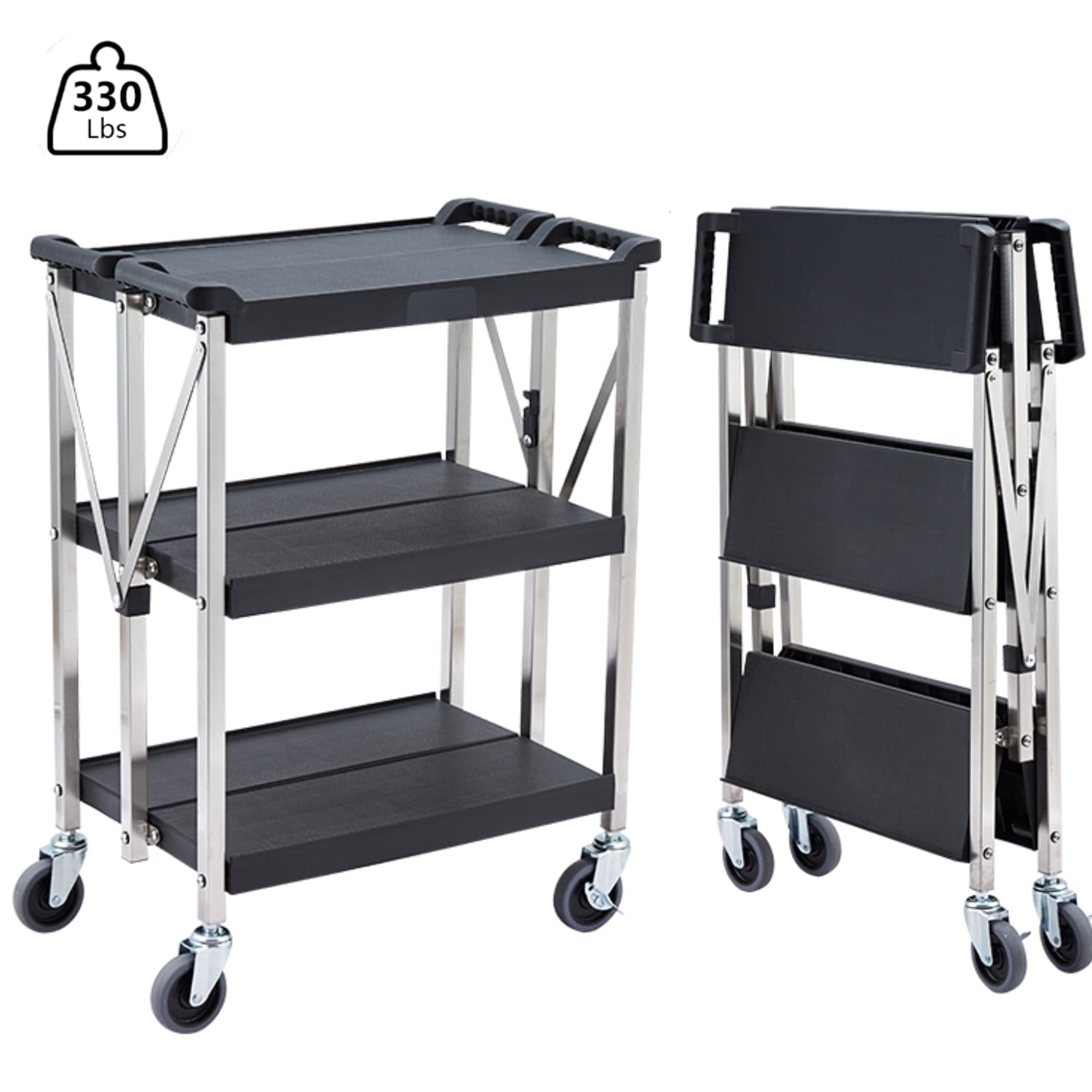 Garvee Folding Cart with Wheels,3-Tier Fold up Rolling Cart with Handle ...