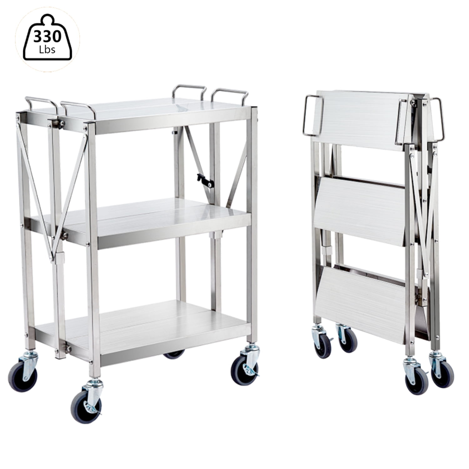Garvee Foldable Cart with Wheels,3-Tier Fold up Rolling Cart with ...