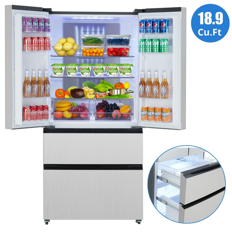 Garvee French Door Refrigerator 18.9 Cu.ft Large Capacity Stainless Steel Fridge with Freezer 2 Doors 2 Drawers Automatic Defrost LED Display Silver