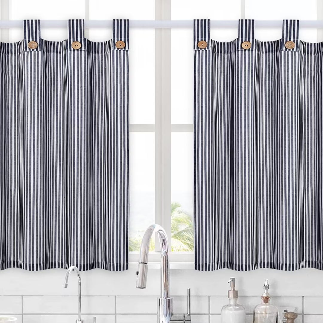 WhizMax Kitchen Curtains 36 Inch Length Linen Striped Cafe Curtains Tab ...