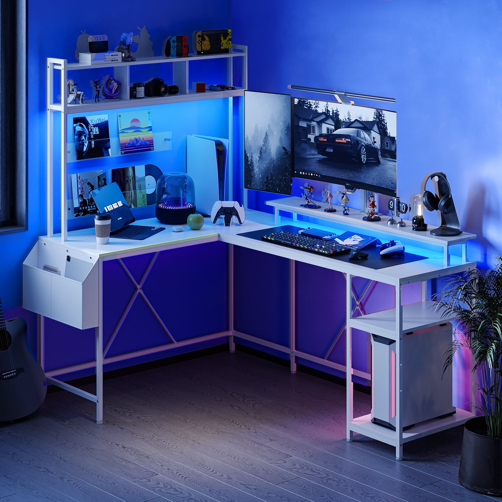 WhizMax L Shaped Storage Shelf Computer Gaming Desk with LED Lights ...