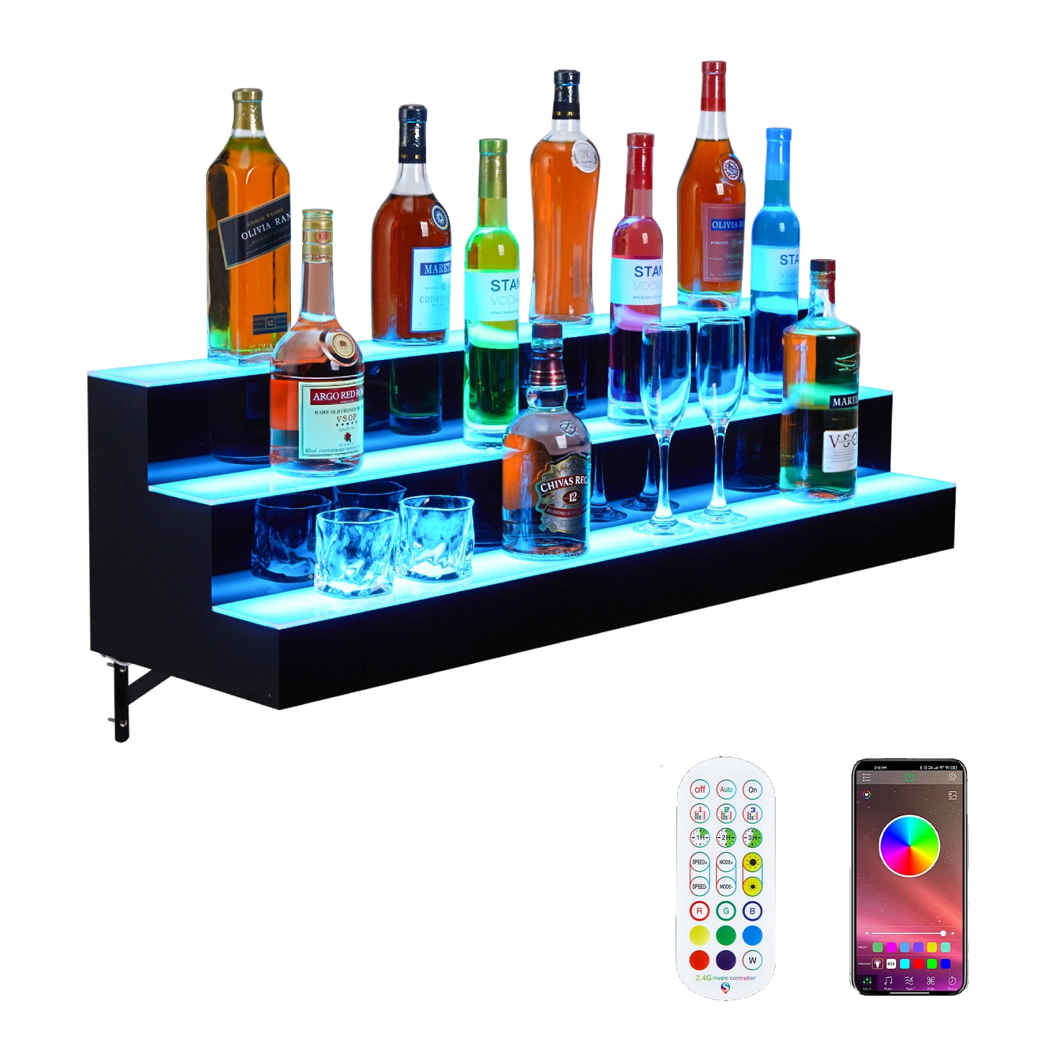 Garvee LED Liquor Bottle Display Shelf,3-Tier 40" LED Shelves with 16 ...