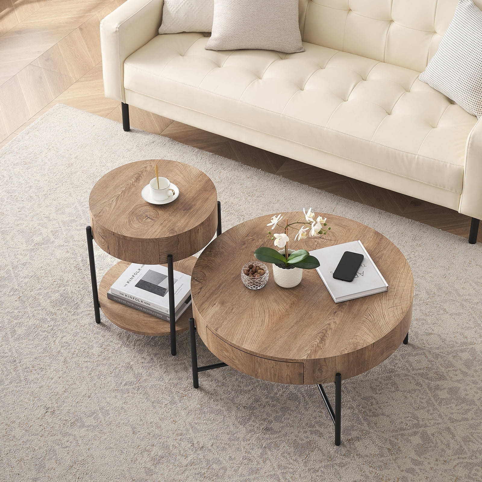 WhizMax Round Coffee Table Solid Wood Center Table with Two Drawers ...