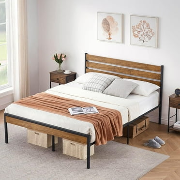 uhomepro Queen Bed Frame with Headboard, Rustic Metal, Heavy Duty Slats ...