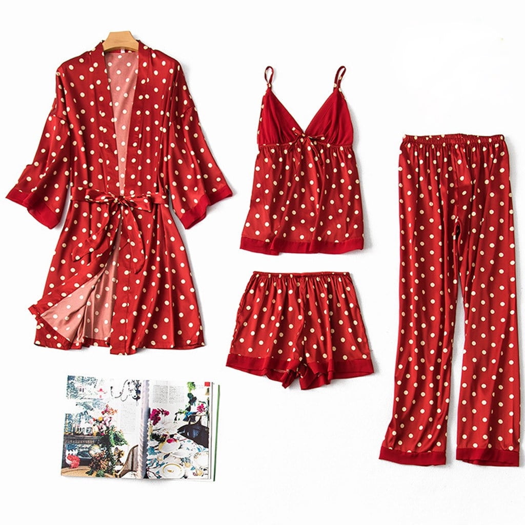 Whlbf Pyjama Set for Women Satin Silk Pajamas Cardigan Nightdress ...