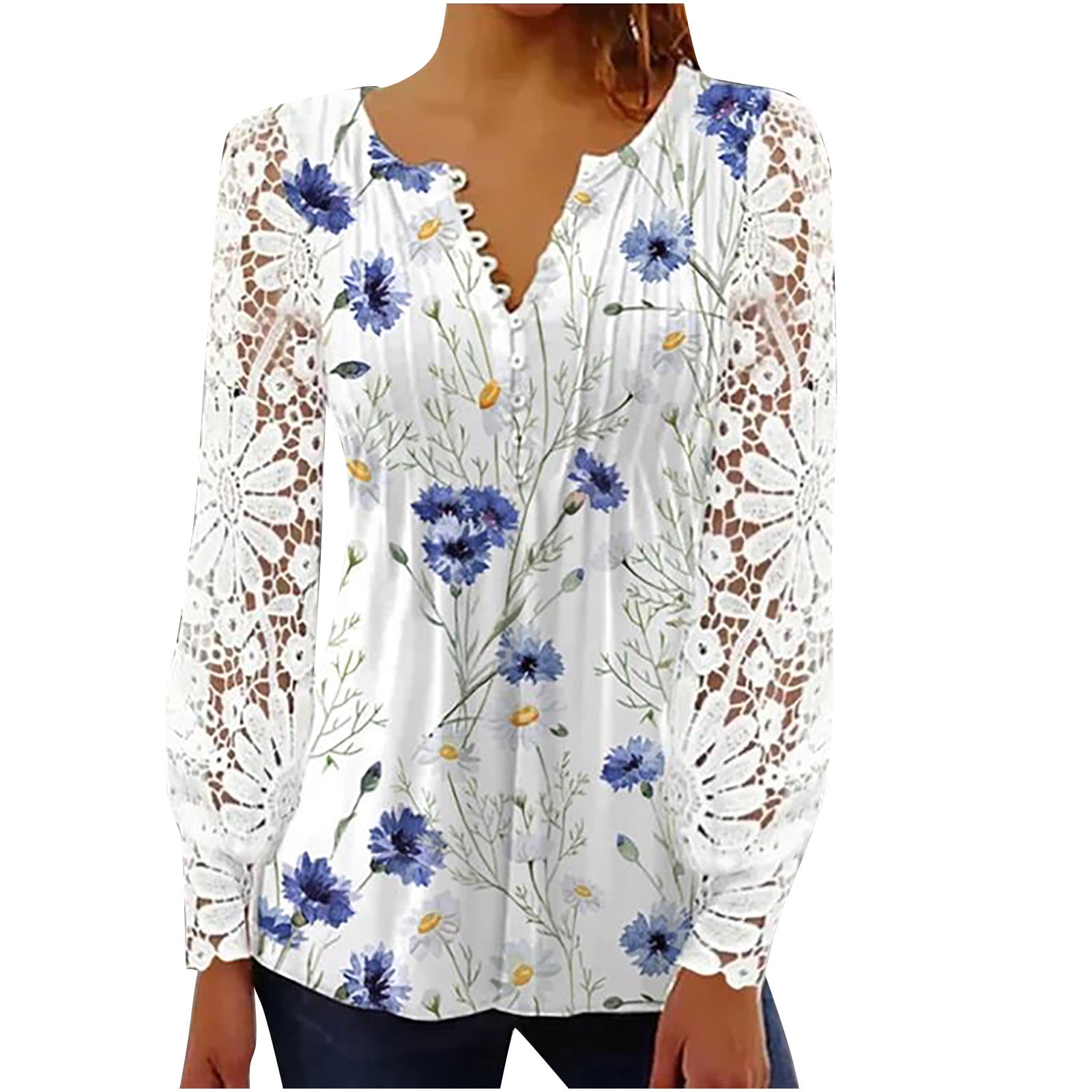 Whlbf Womens Tops Clearance Long Sleeves Summer Printing V Neck Button ...
