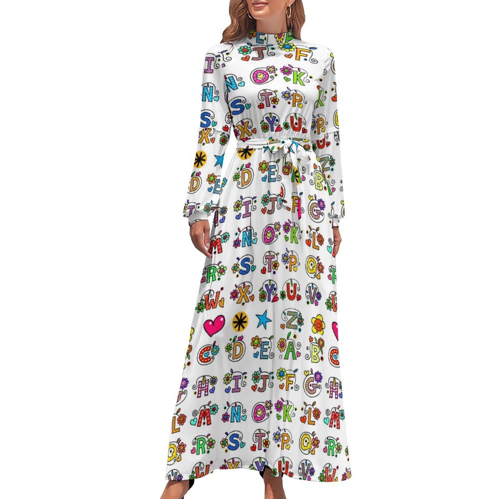 Whole Alphabet Abc Monogram Hand Drawn Colorful Women's Long Dress Long ...