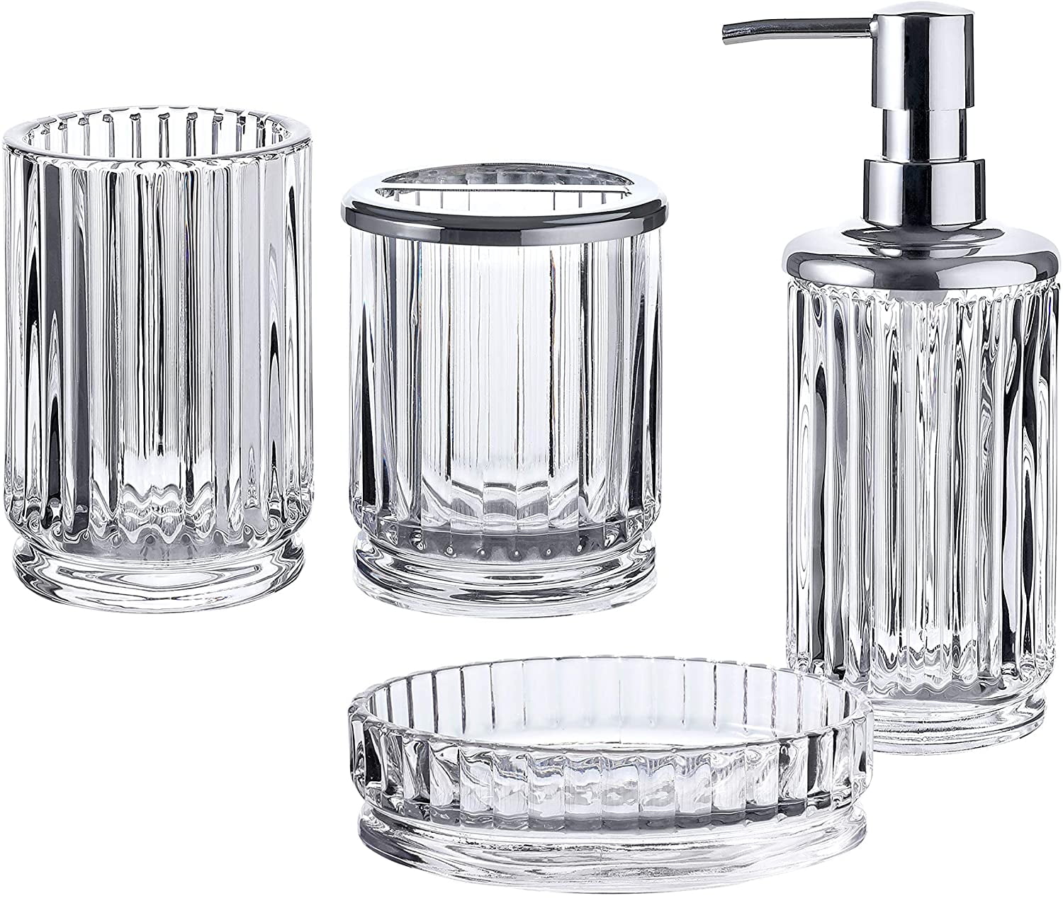 Whole Housewares 4-Piece Clear Decorative Glass Bathroom Accessories ...