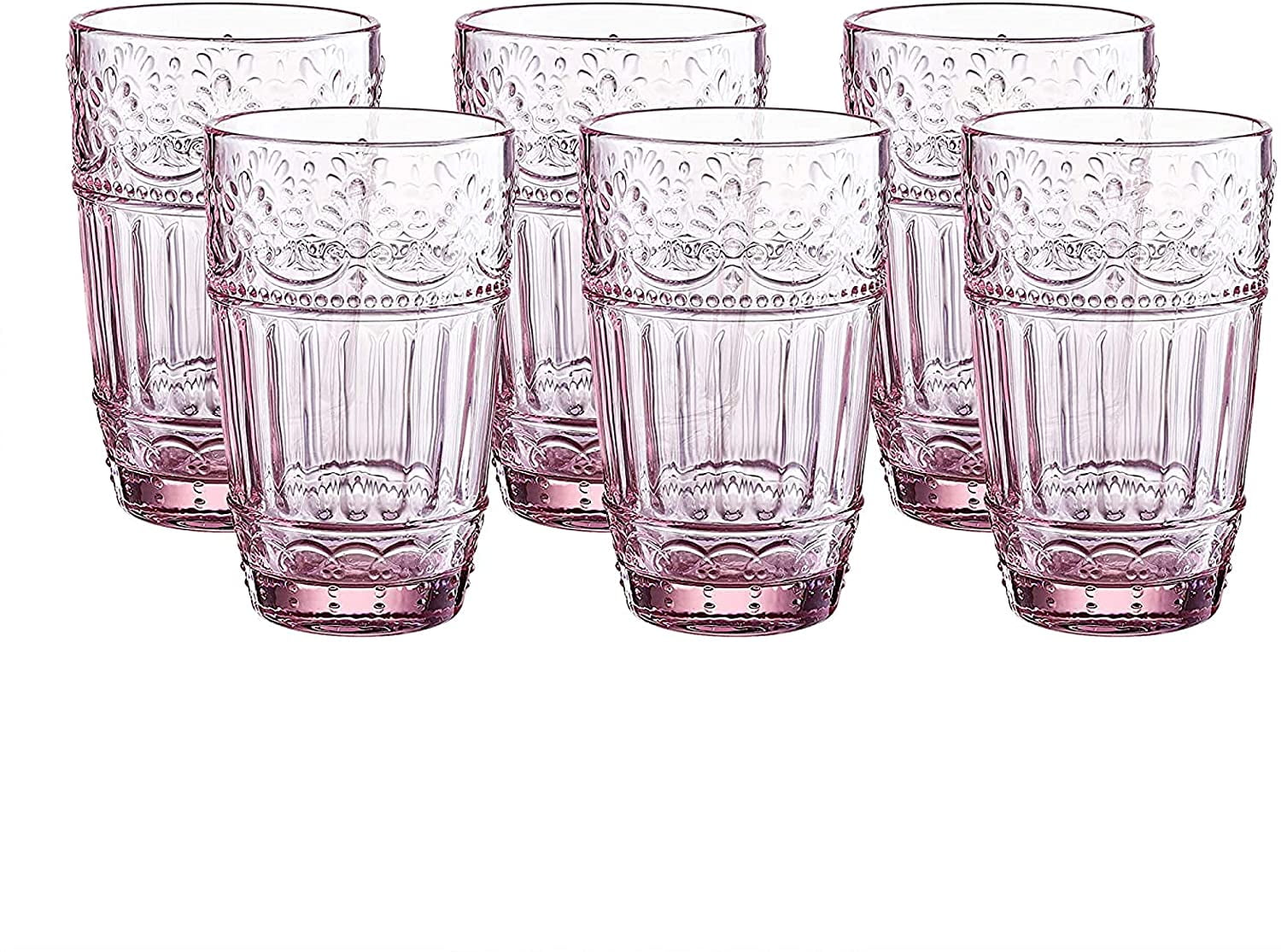 Whole Housewares 11oz Vintage Design Pink Glassware Drinkware Set of 6 ...