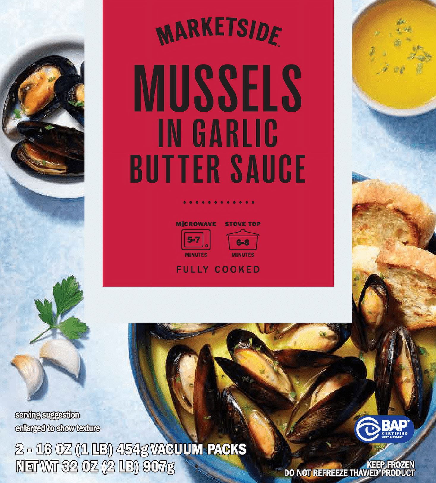 Whole Shell Mussels in Garlic Butter Sauce, Cooked & Frozen, 2 lb ...