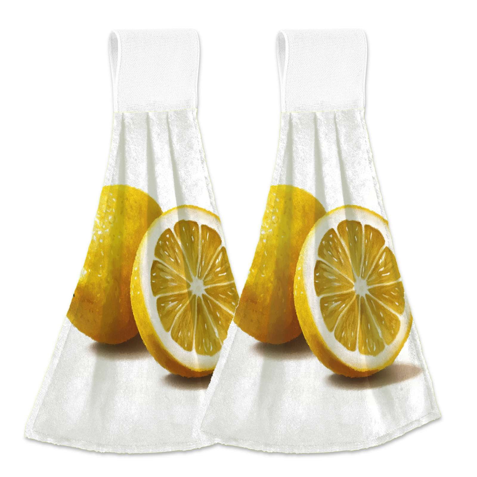 Whole and sliced lemon illustration Hanging Kitchen Hand Towels Sets with Loop Hand Towels ...