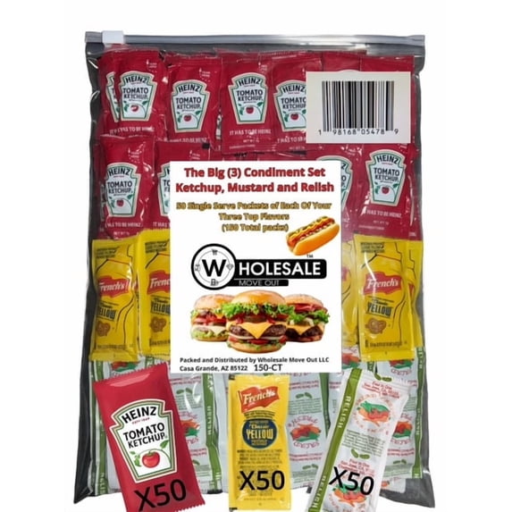 Big (3) Bulk Condiment Packets, 150 Single Serve, Ketchup, Mustard ...