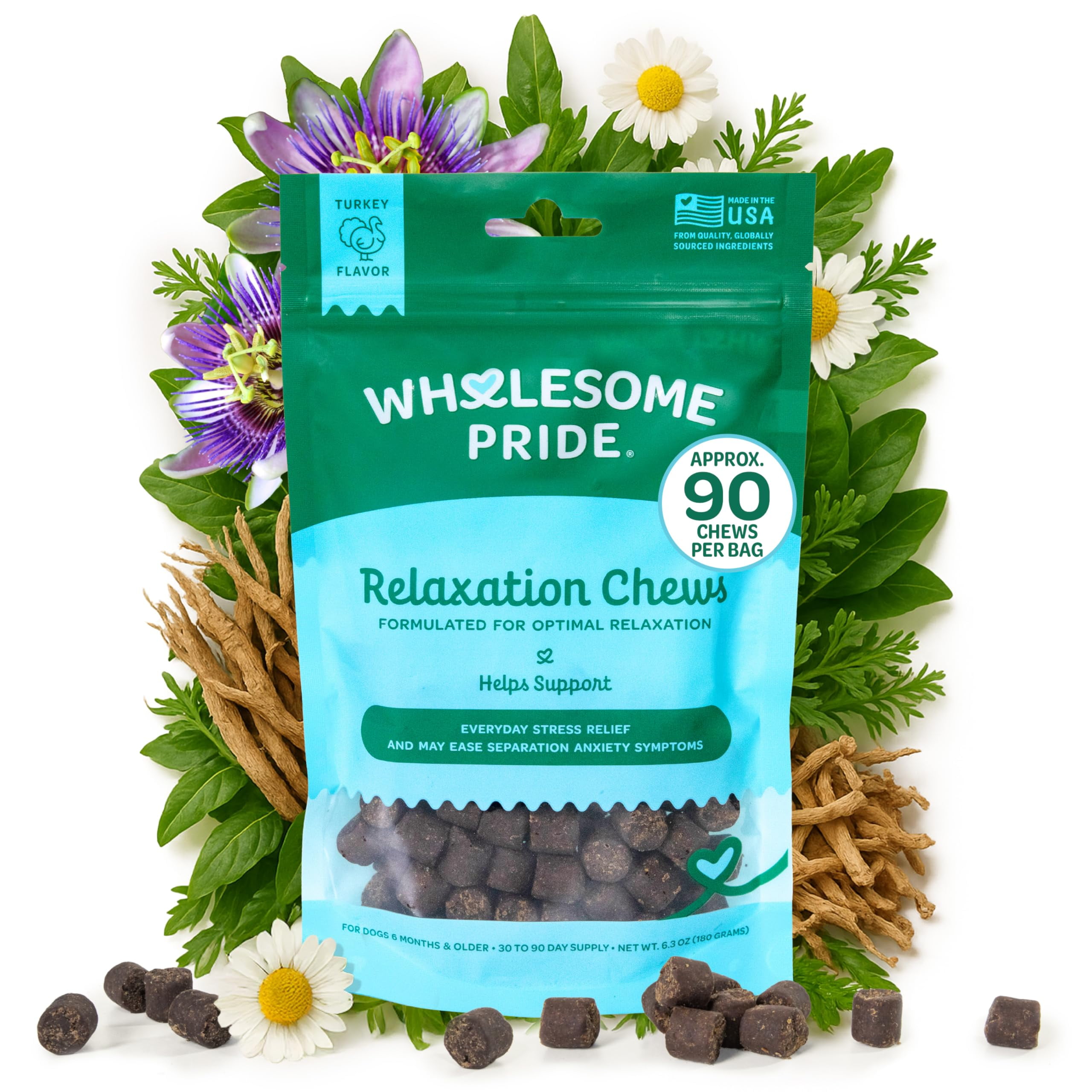 Wholesome Pride Calming Supplement for Dogs - 90 Soft Chews - Natural ...