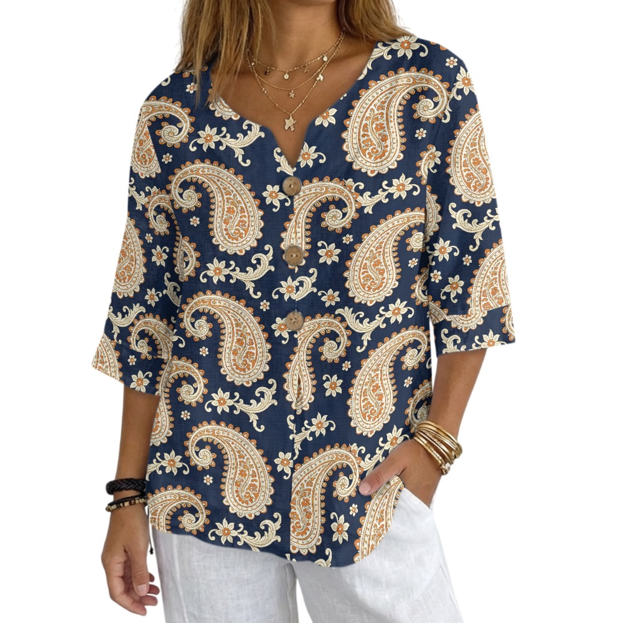 Whosucclay 3 Decorative Buttons Imitation Linen-Like Blouse for Weekend ...