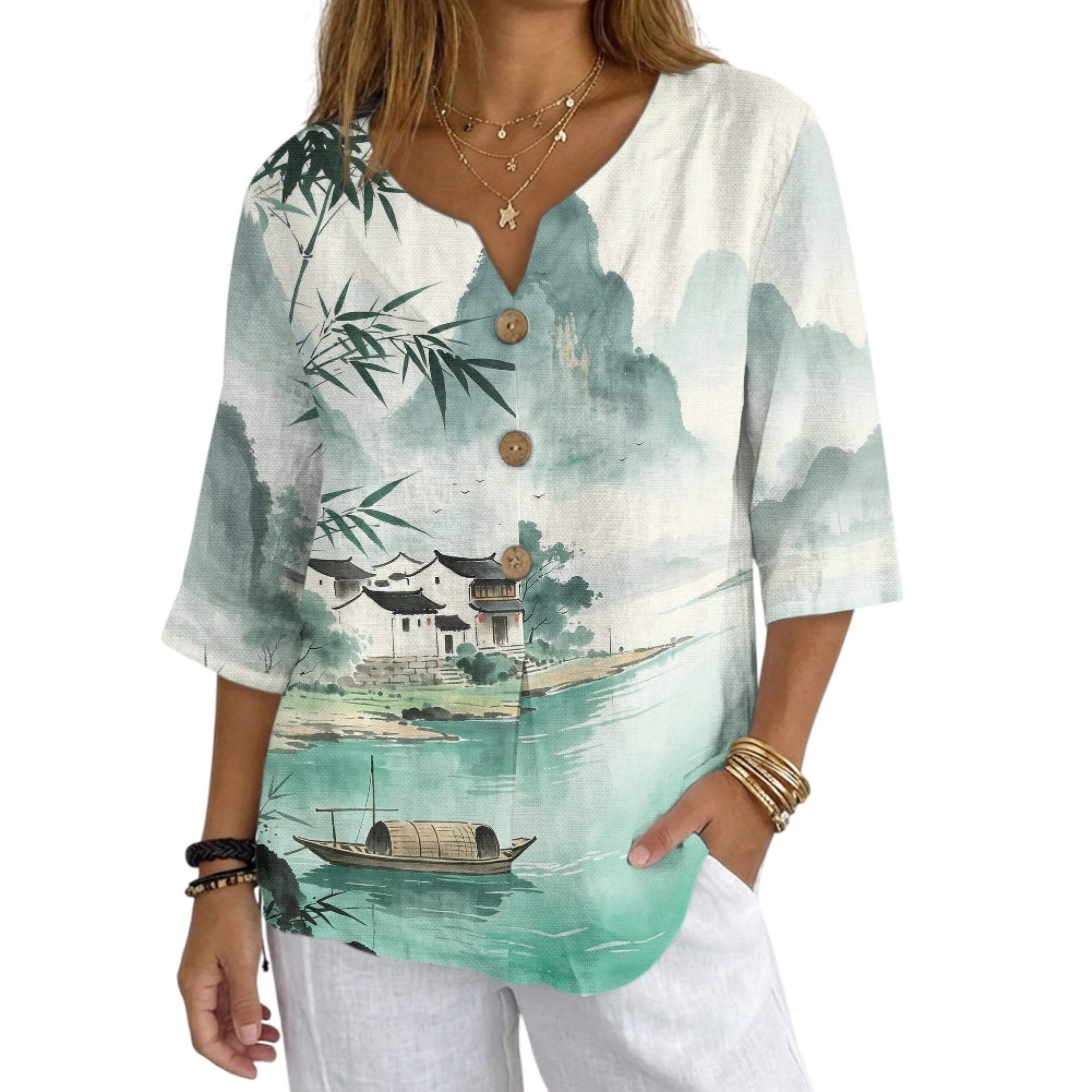Whosucclay Button Down Imitation Linen-Like Blouse for Daily Wear ...
