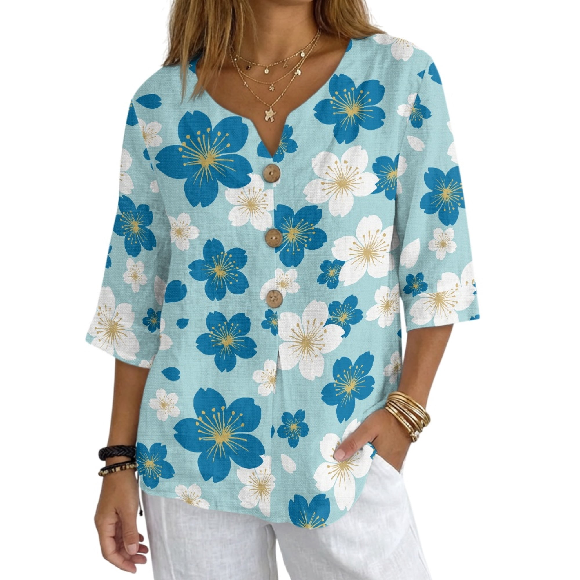 Whosucclay Casual Imitation Linen-Like Blouse, Cherry Blossoms Pattern ...