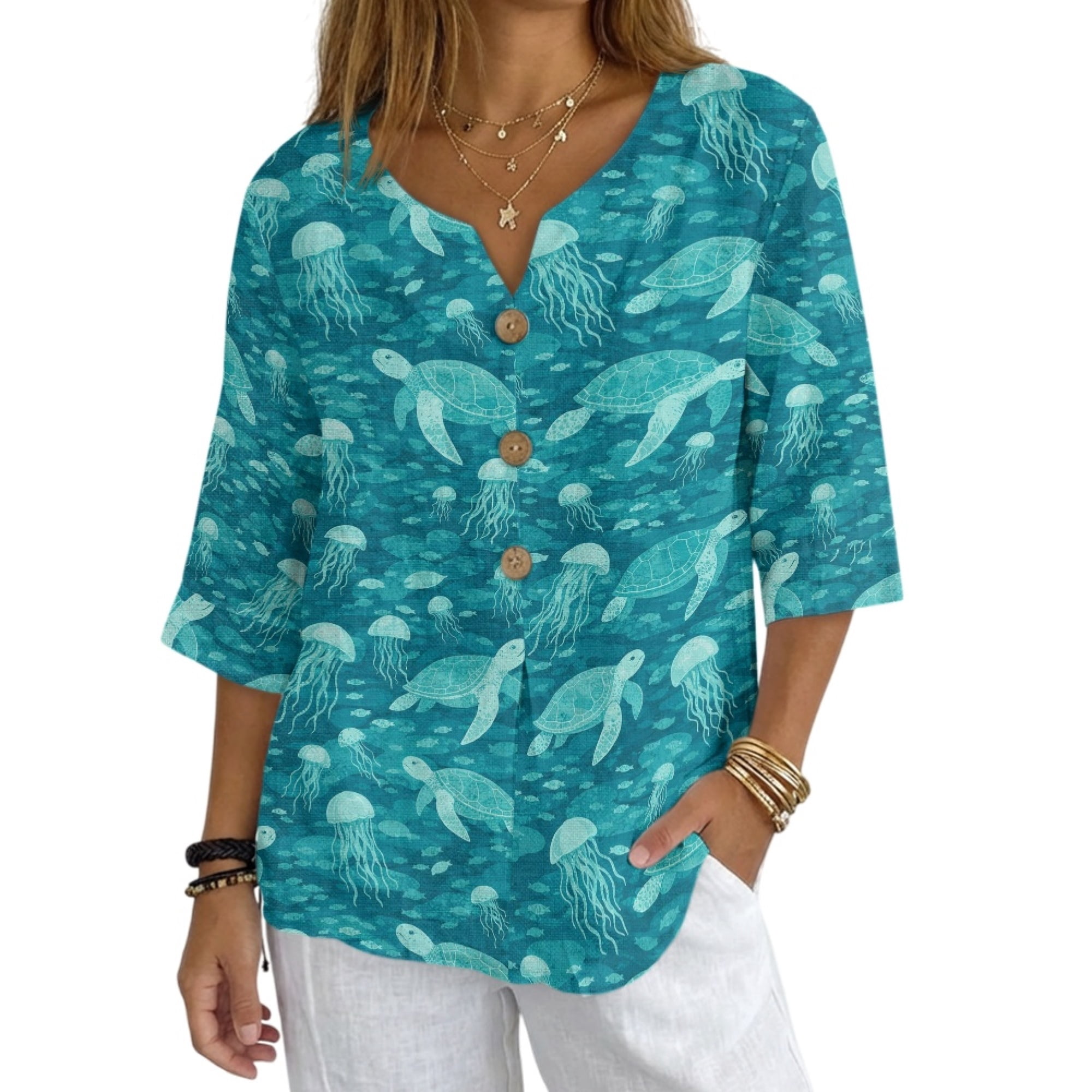 Whosucclay Casual Ladies Blouse, Turtle and Jellyfish Design V Neck 3/4 ...