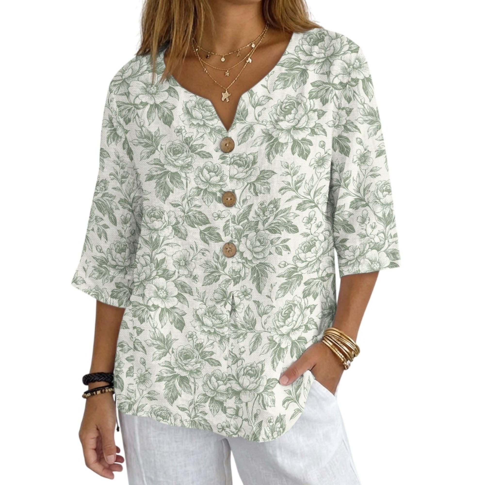 Whosucclay Casual Ladies Imitation Linen-Like Blouse, Floral Print V ...