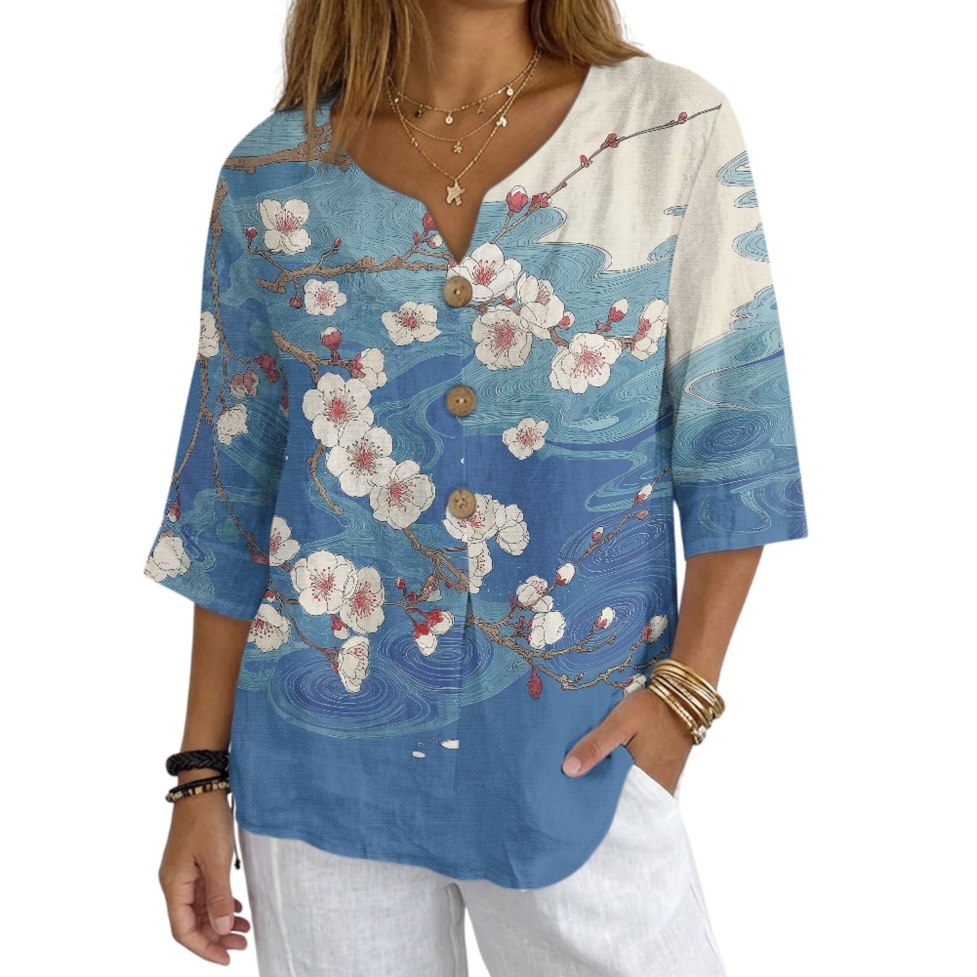Whosucclay Cherry Blossom & Wave Breathable Imitation Linen-Like Blouse ...