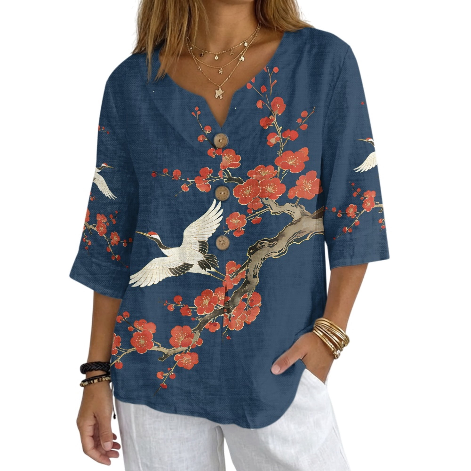 Whosucclay Crane Floral Print Imitation Linen-Like Blouse, Half Sleeve ...