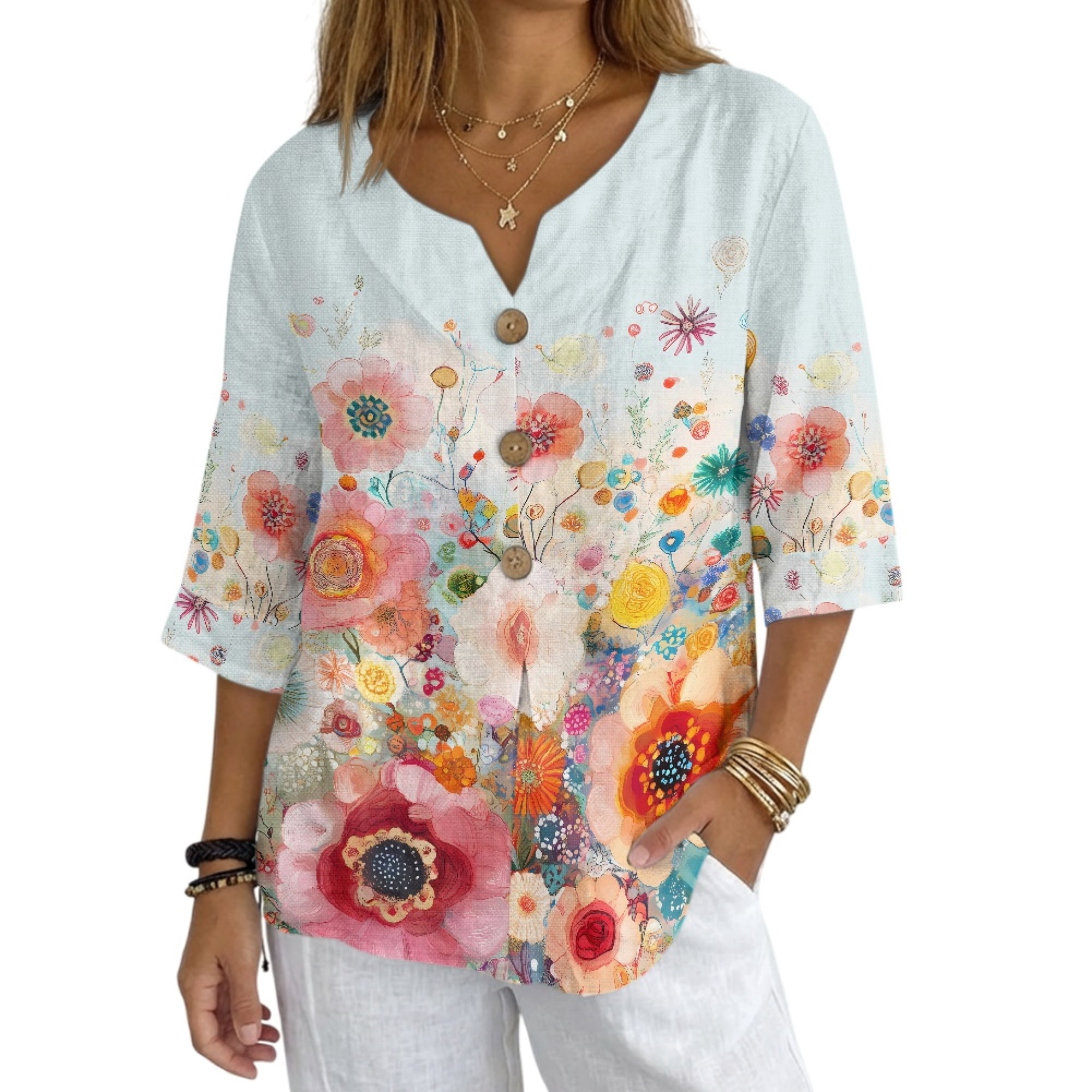 Whosucclay Floral Button Down Imitation Linen-Like Blouse, Curved Hem ...
