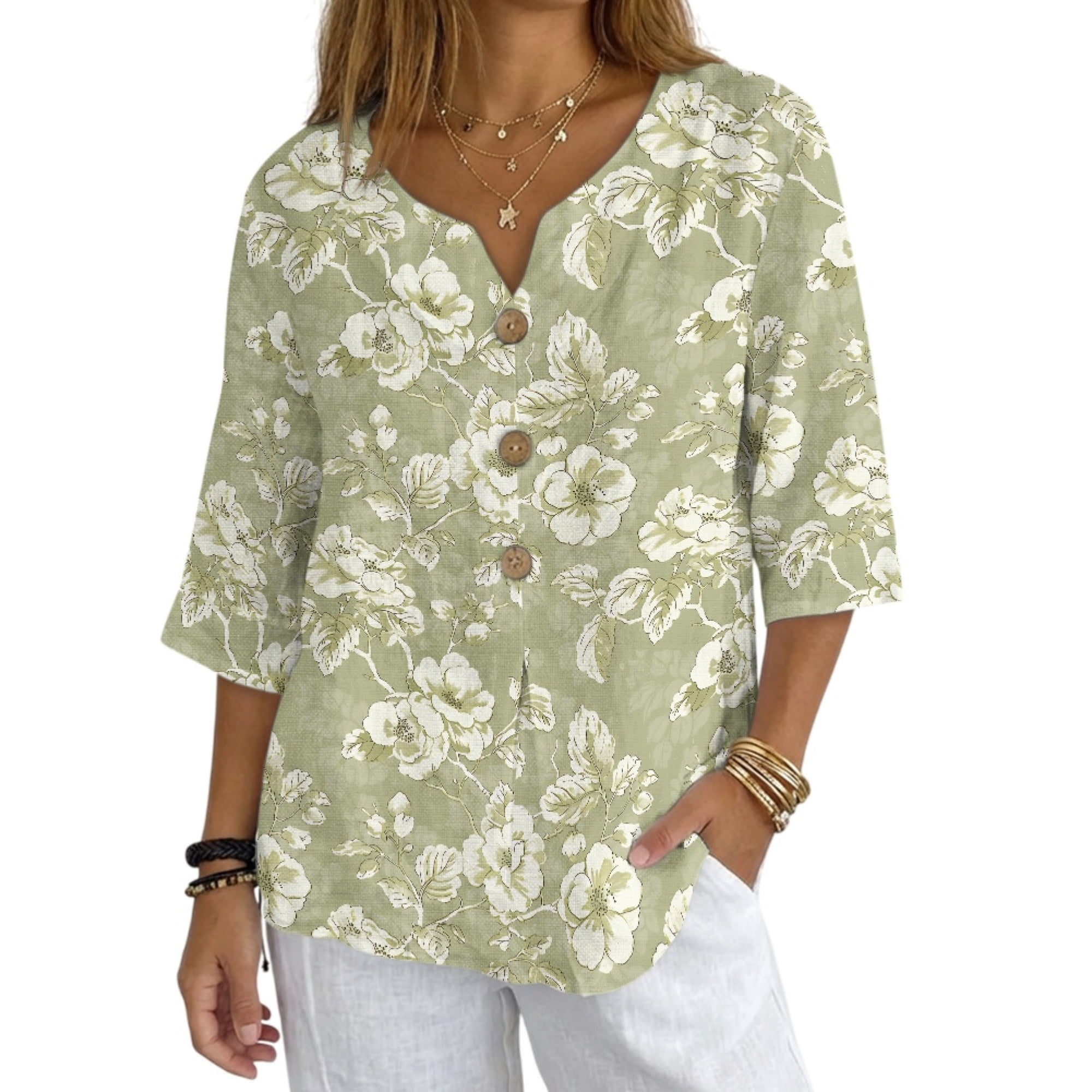 Whosucclay Green Floral Border Comfortable Imitation Linen-Like Blouse ...