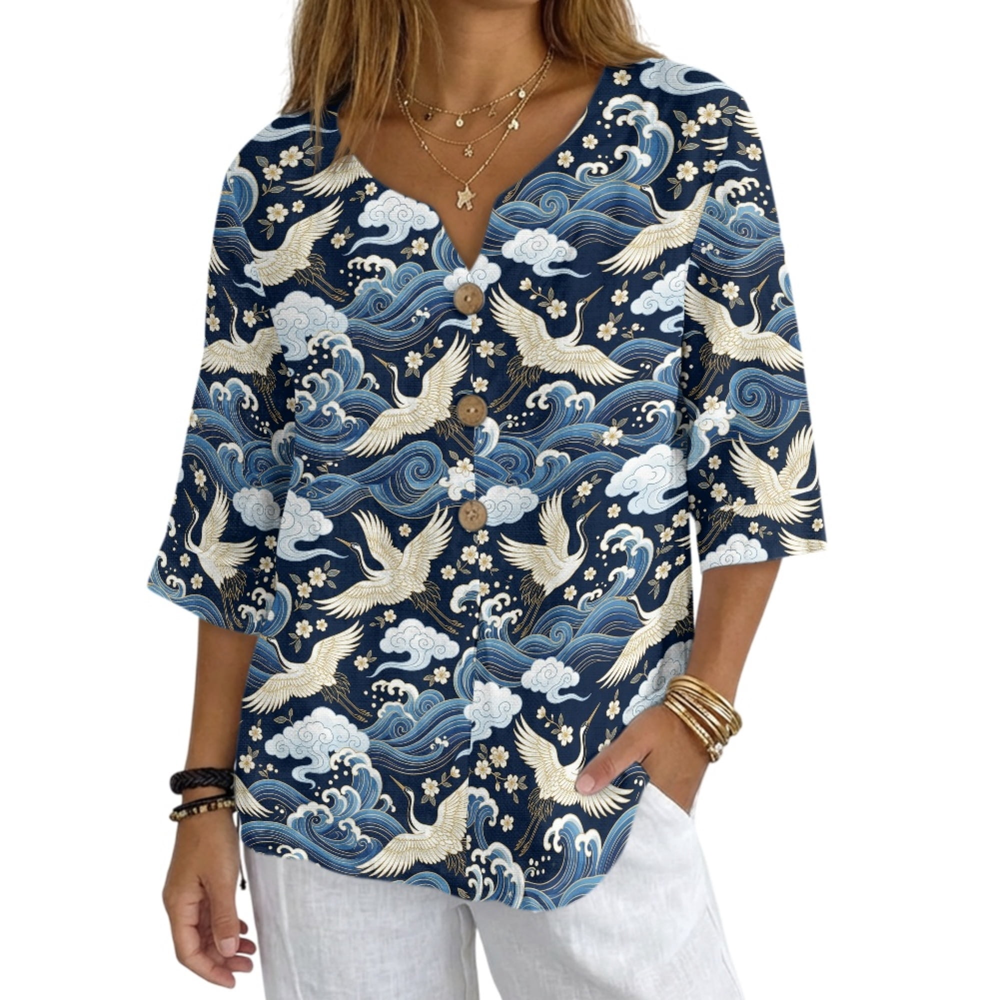Whosucclay Half Sleeve Imitation Linen-Like Blouse, Crane Wave Print ...