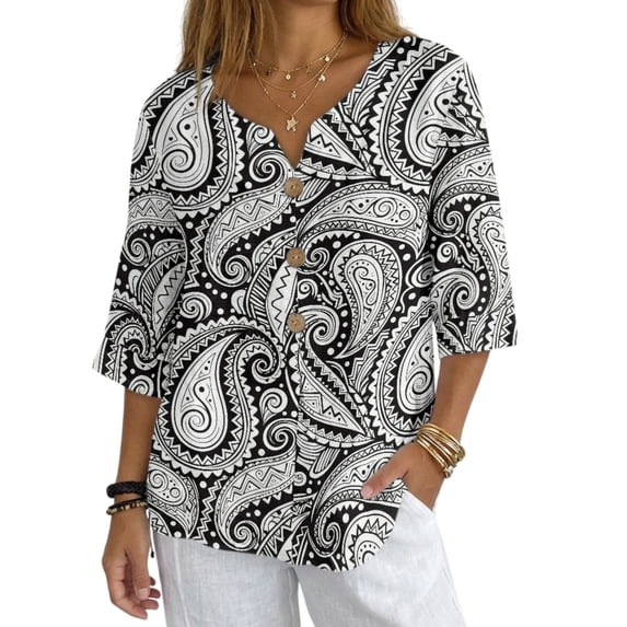 Whosucclay Lightweight Imitation Linen-Like Blouse, Black White V-Neck ...
