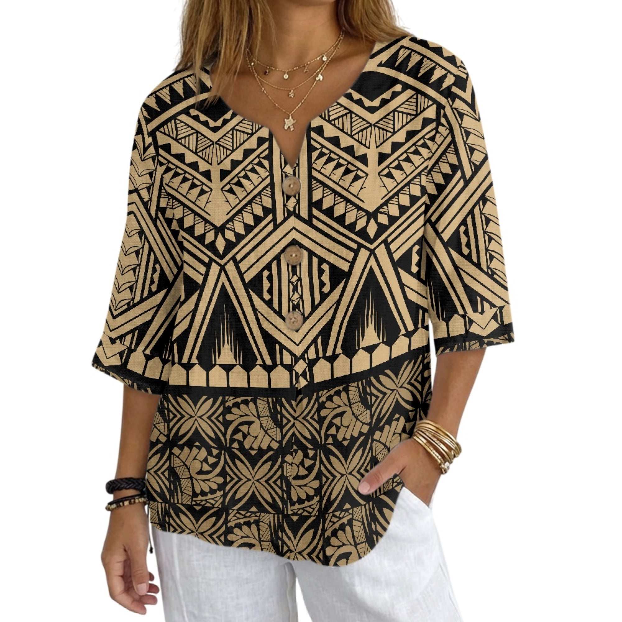 Whosucclay Lightweight Imitation Linen-Like Blouse, Geometric Pattern ...