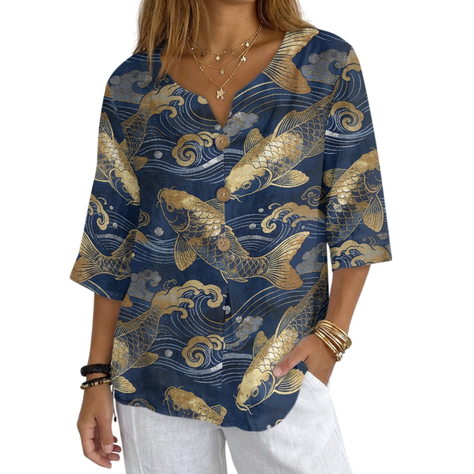 Whosucclay Loose Fit Imitation Linen-Like Blouse, Golden Koi Fish ...