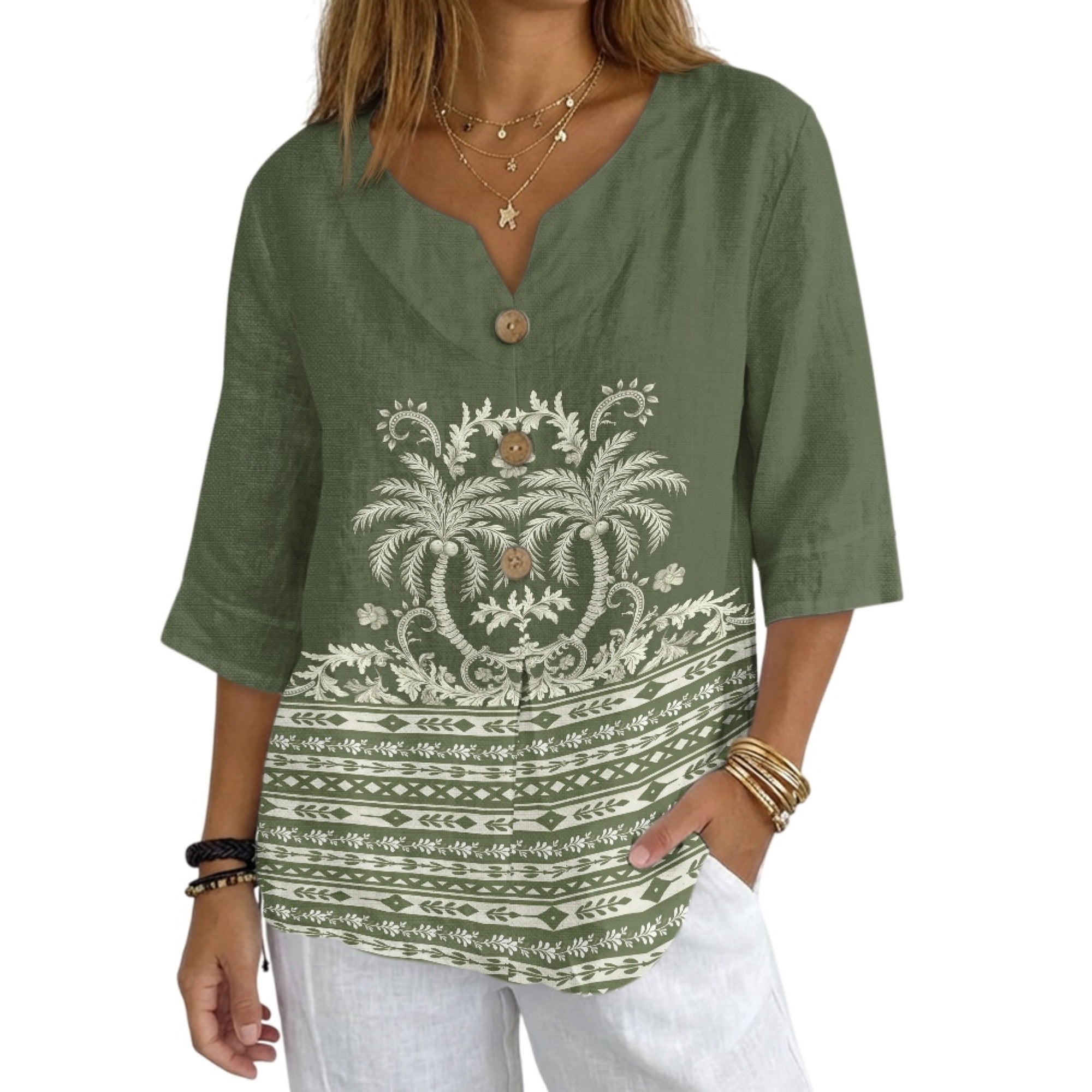 Whosucclay Palm Tree Design V Neck Imitation Linen-Like Blouse, 3 ...