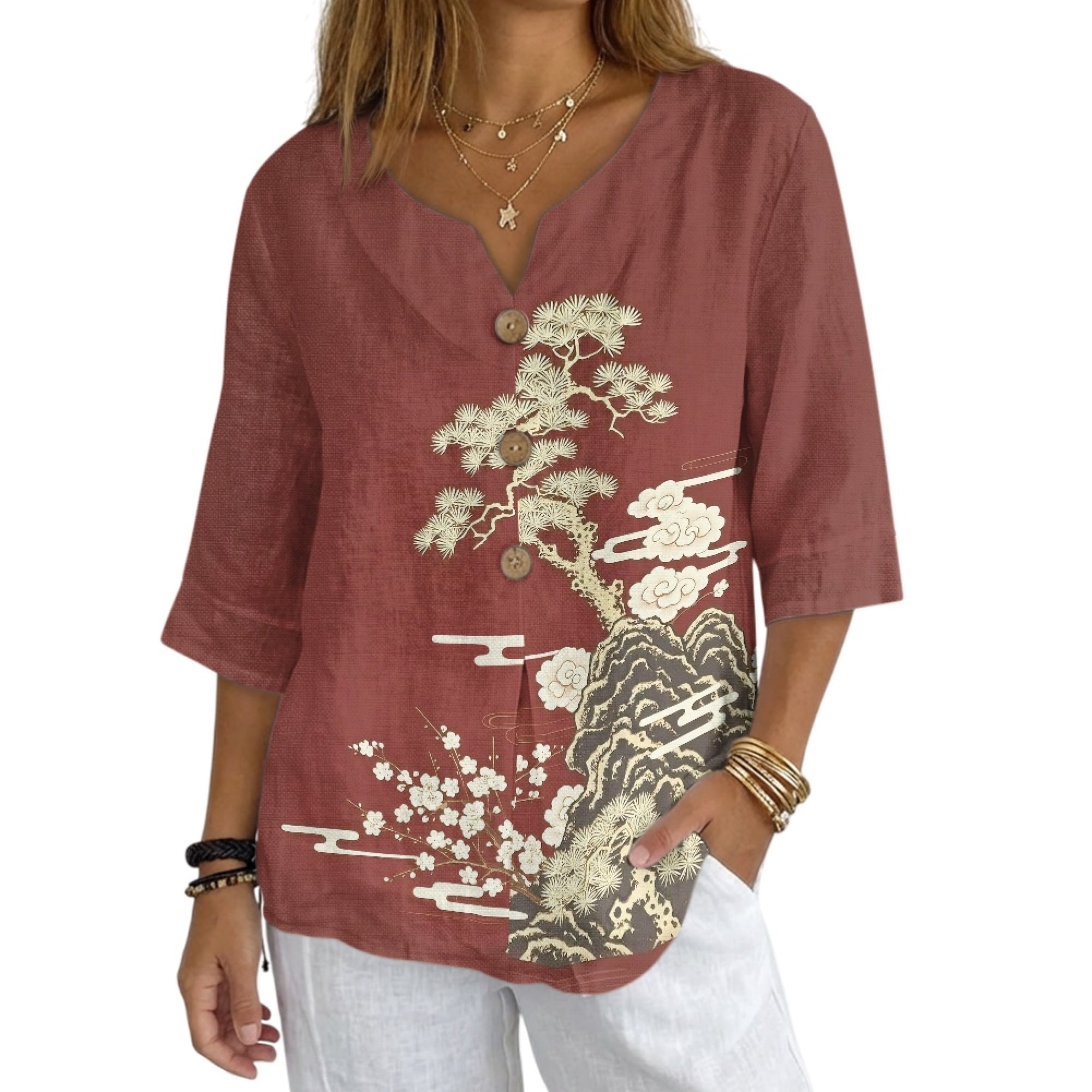 Whosucclay Pine Tree Print Imitation Linen-Like Blouse, V Neck Casual ...