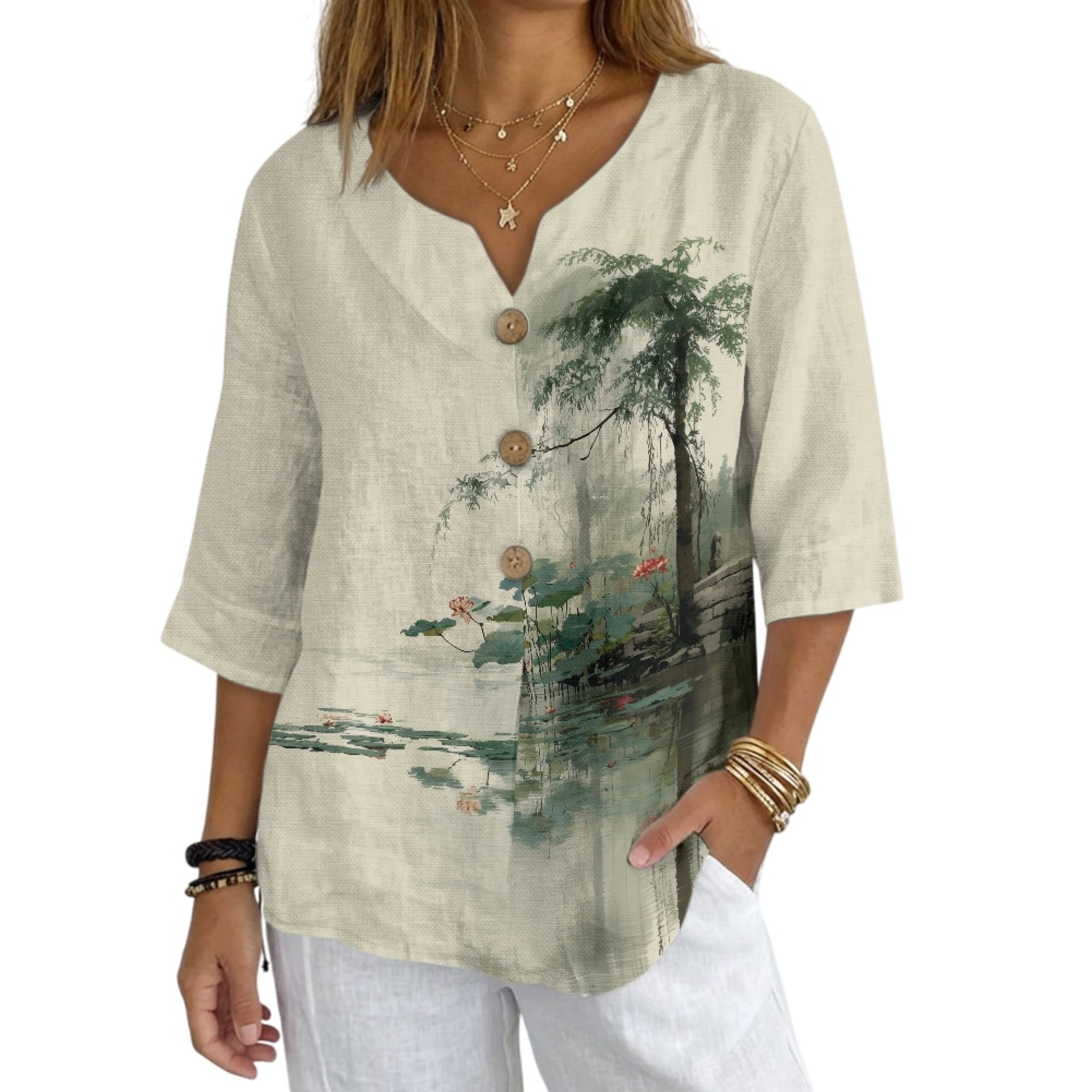 Whosucclay Pond Tree Landscape V Neck Imitation Linen-Like Blouse, 3/4 ...