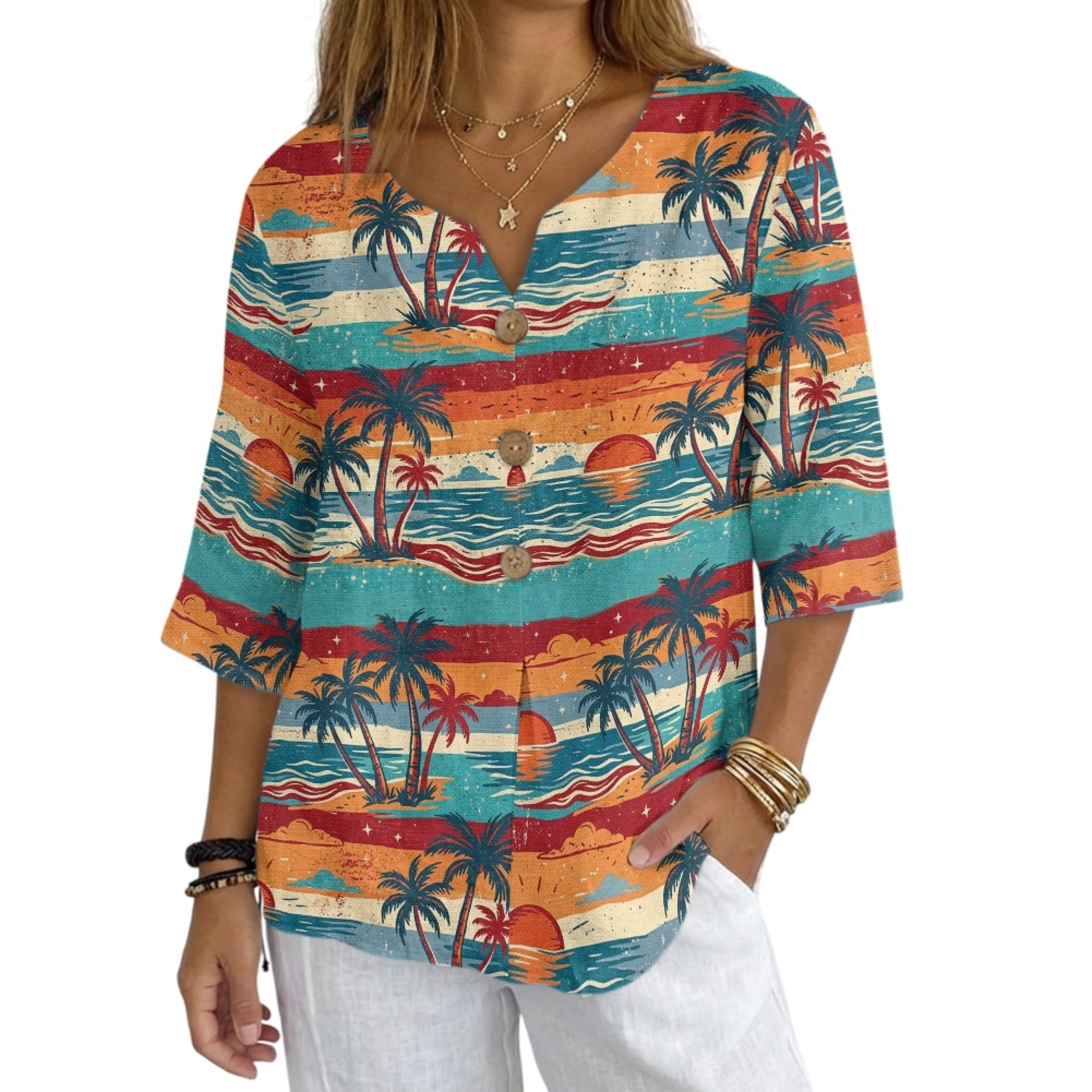 Whosucclay Retro Sunset Palm Tree Casual Imitation Linen-Like Shirt, 3/ ...