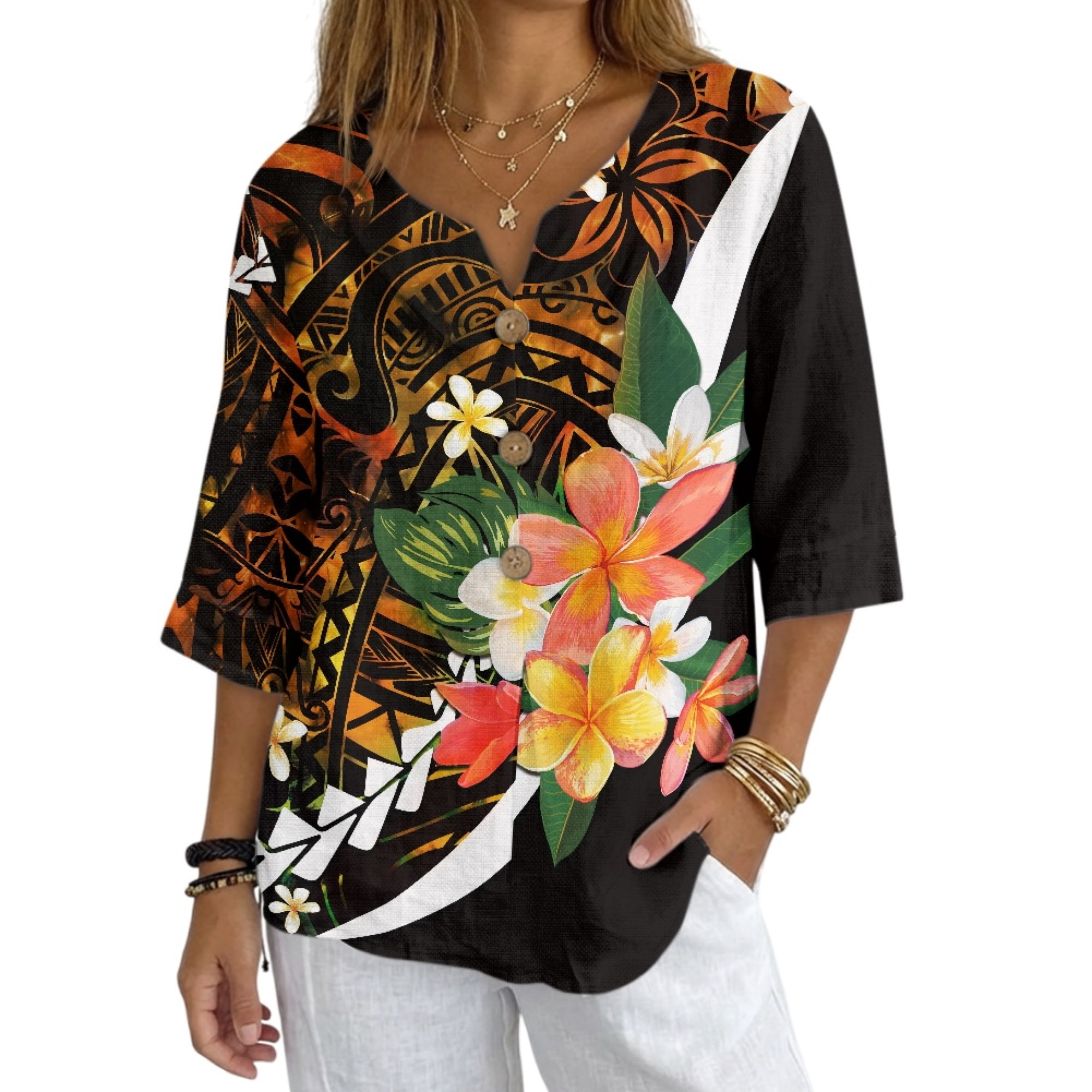 Whosucclay Stylish Imitation Linen-Like Blouse, Tropical Plumeria Print ...