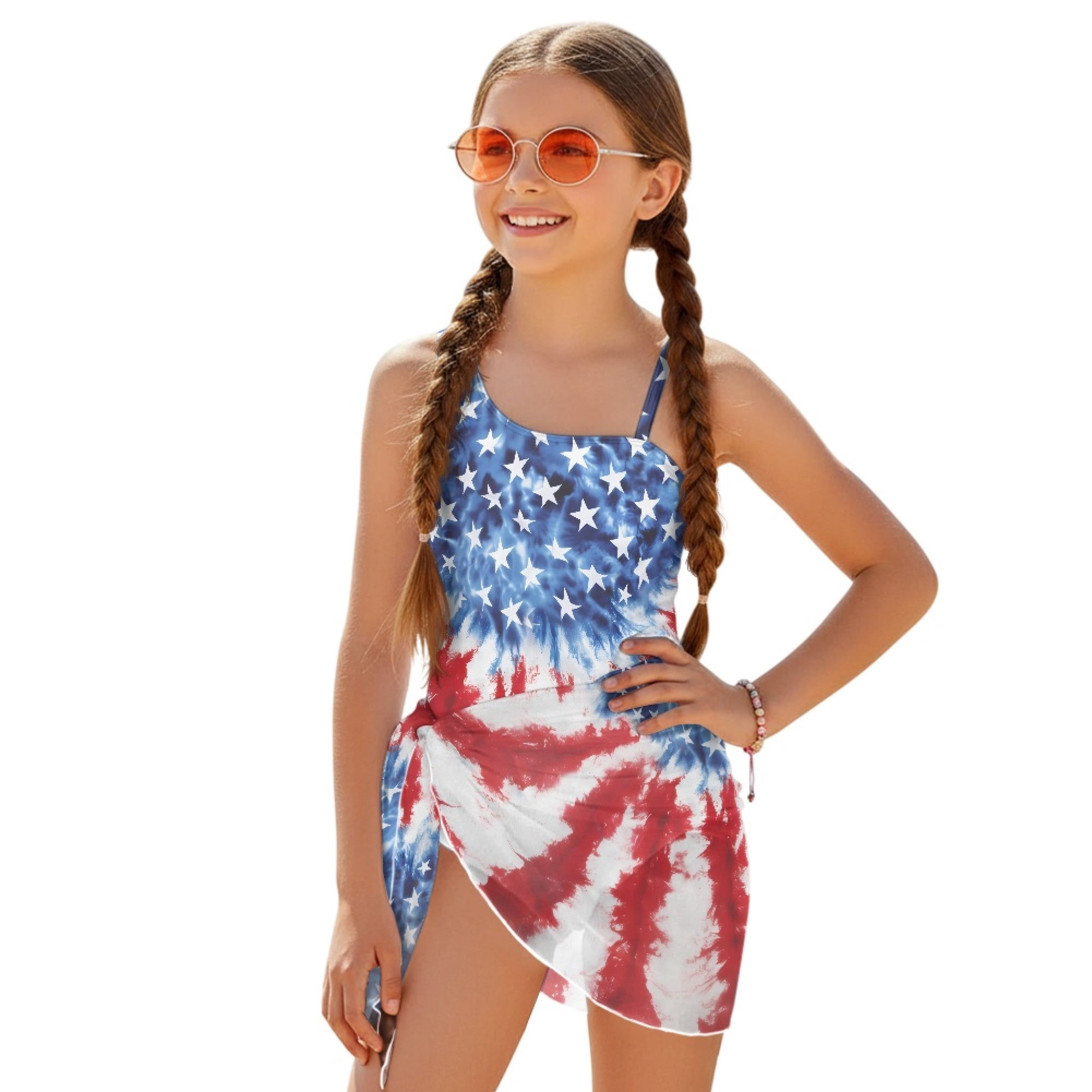 Whosucclay Tie-Dye US Flag Girls Swimwear One Piece with Mesh Cover Up ...
