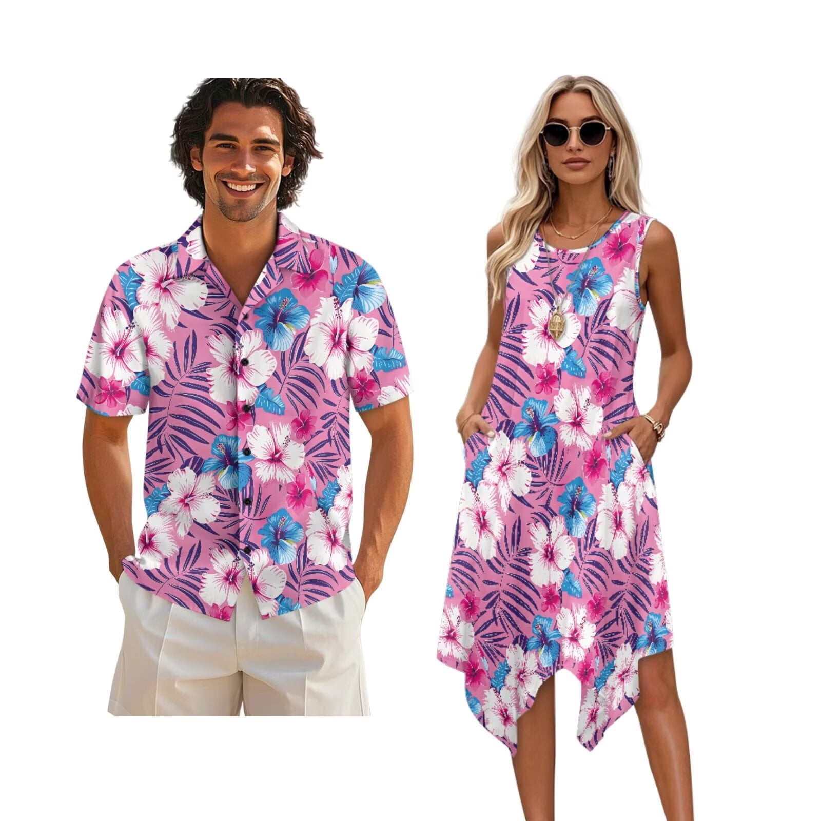 Whosucclay Tropical Hibiscus Palm Leaves Print Hawaii Couple Matching ...