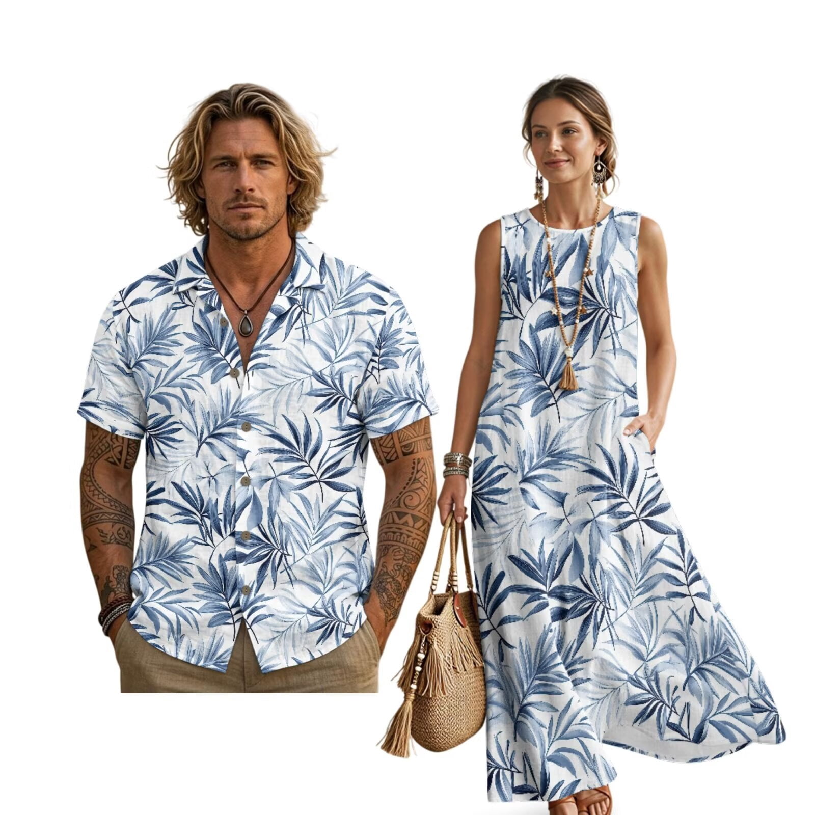 Whosucclay Tropical Palm Leaves Print Cotton Linen Couple Matching ...