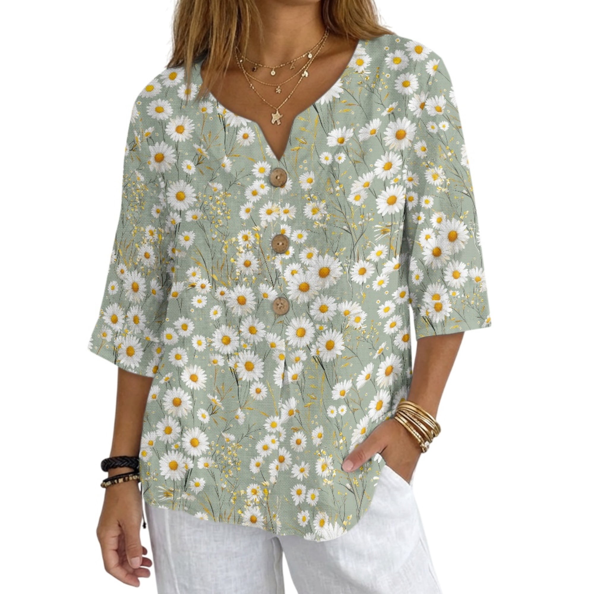 Whosucclay V-Neck Imitation Linen-Like Blouse, Daisy Pattern Design V ...