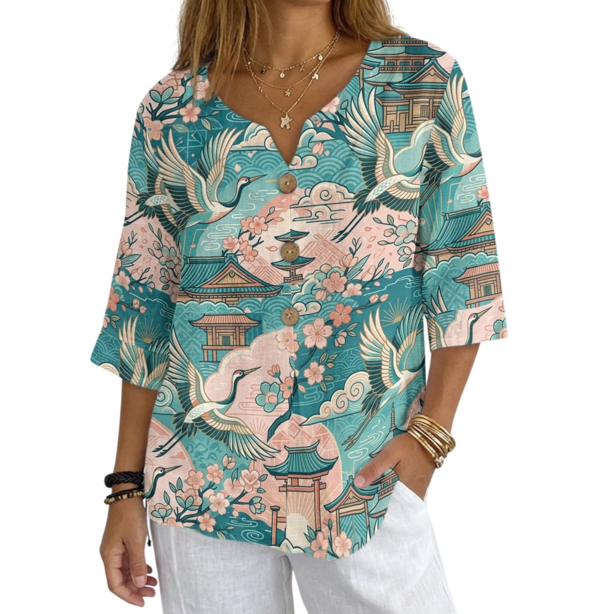 Whosucclay V Neck Imitation Linen-Like Blouse for Daily Wear Everyday ...