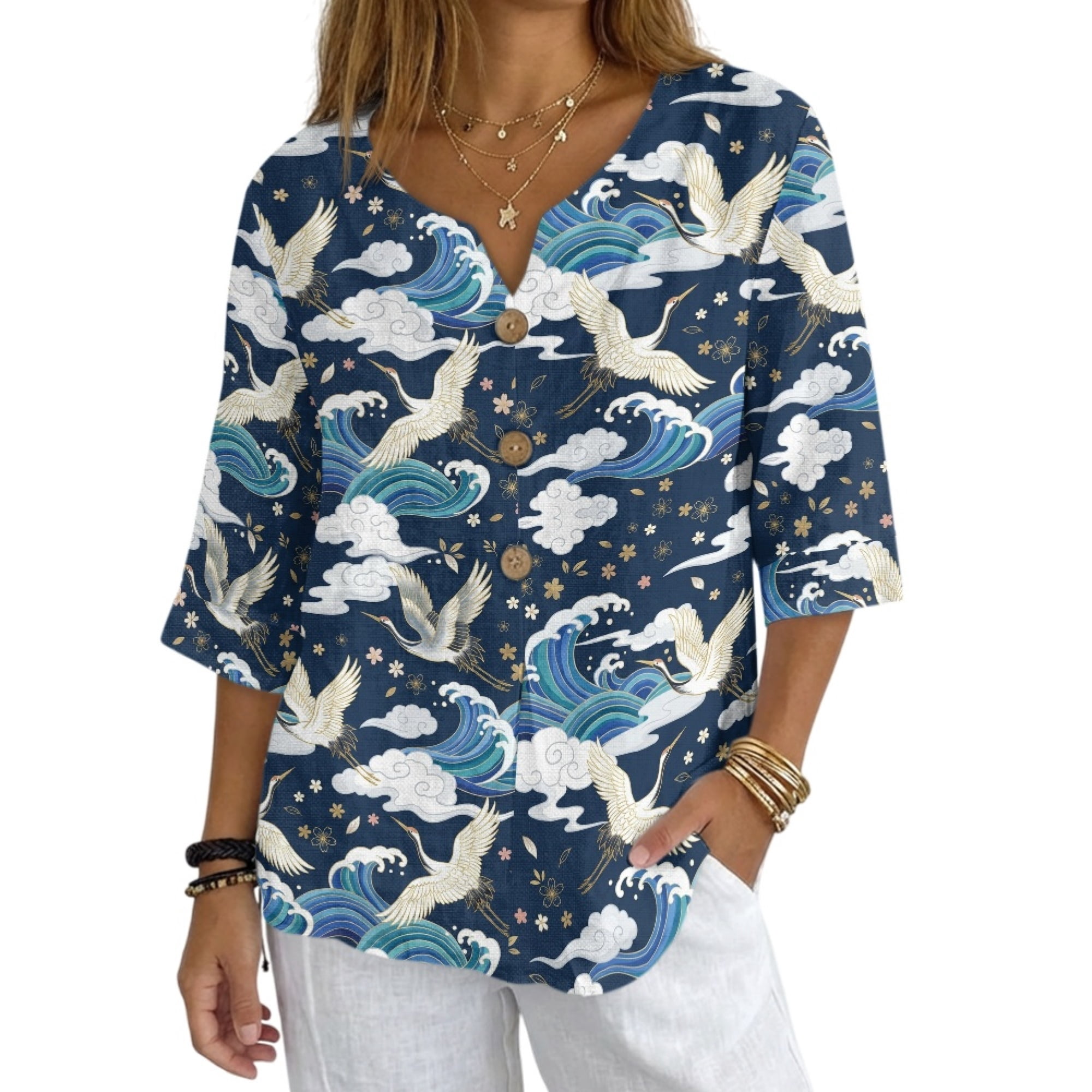 Whosucclay V Neck Women's Three-Quarter Sleeve Pullover, Crane Wave ...